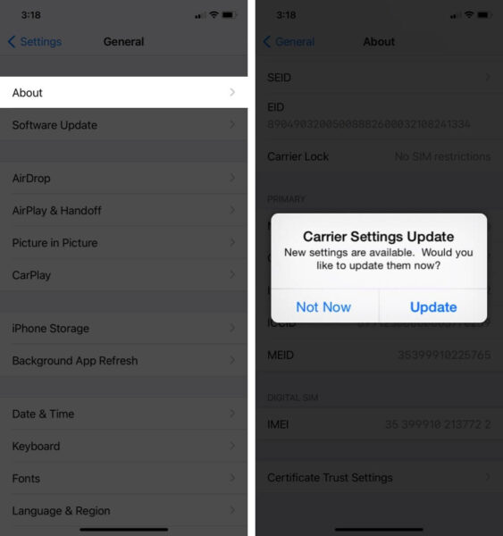 How to update carrier settings on iPhone