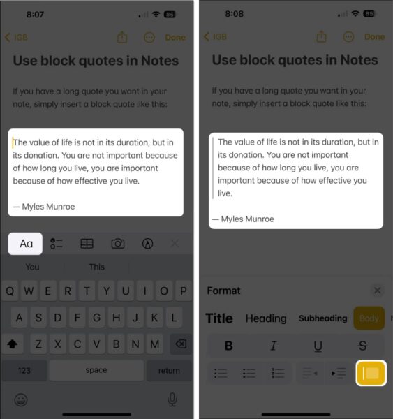 How to use block quotes in Apple Notes